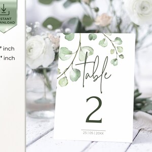 Table Numbers Template Greenery Minimalist Eucalyptus Printable Wedding ...