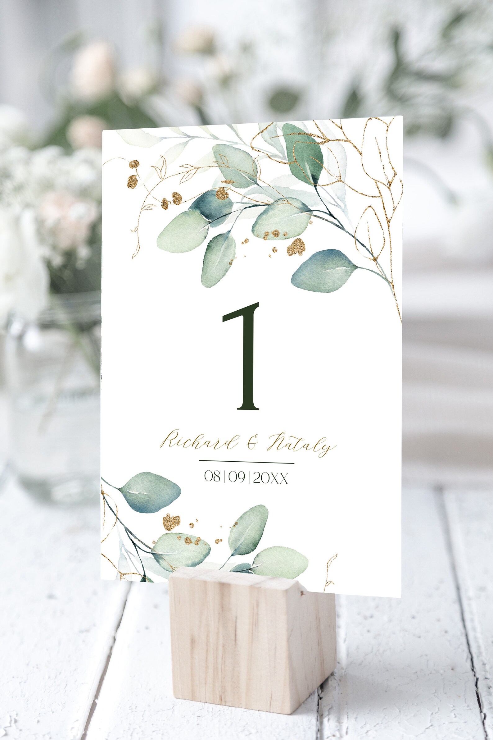 Eucalyptus Wedding Table Numbers Template: Greenery Gold (digital ...