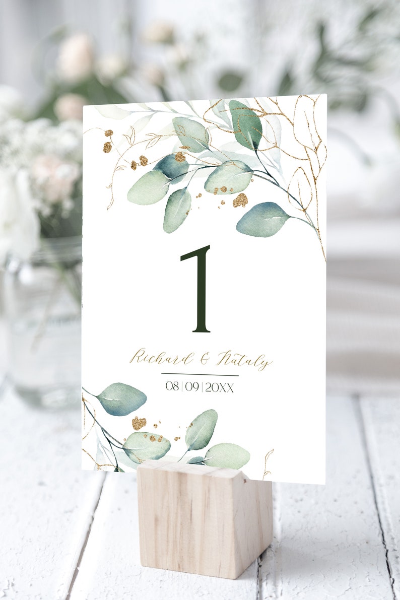 Eucalyptus Wedding Table Numbers Template: Greenery Gold (digital ...