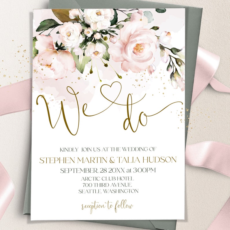 Wedding Invitation Template, Soft Pink Flowers Printable Wedding Invite, Blus Pink Editable We ...