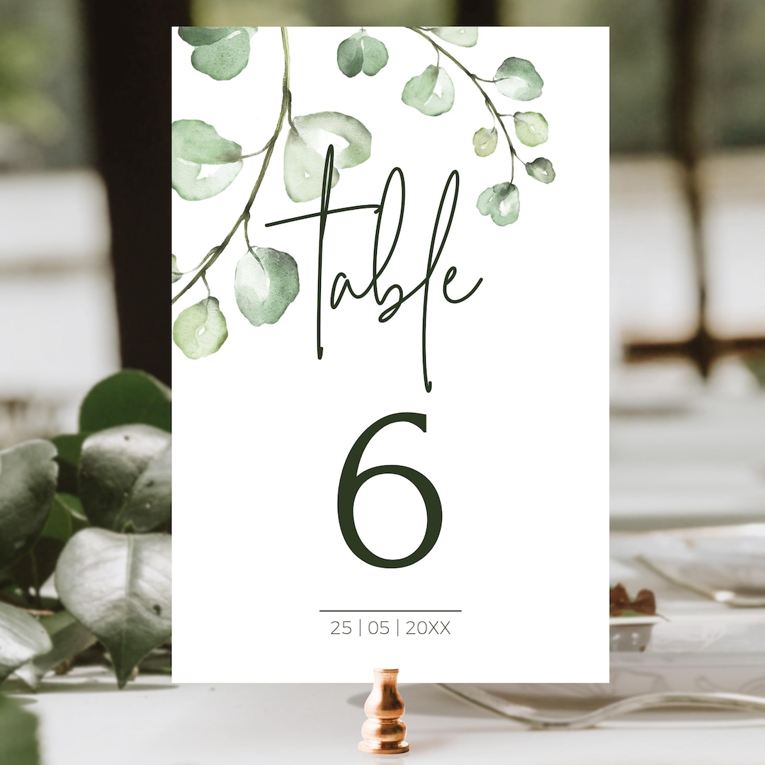 Table Numbers Template Greenery Minimalist Eucalyptus Printable Wedding ...