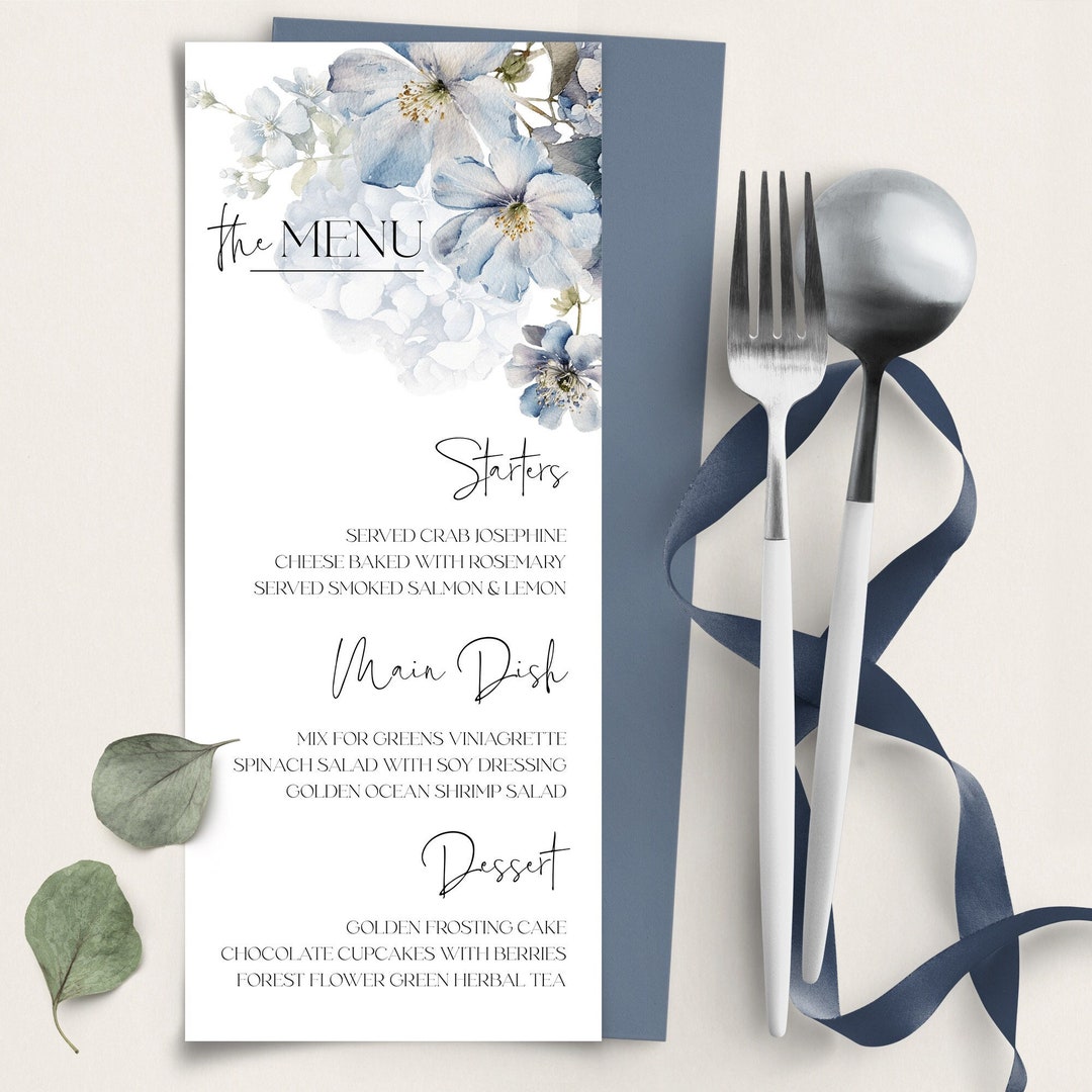Dusty Blue Wedding Menu Template, Blue Flowers Desert Wedding Menu ...
