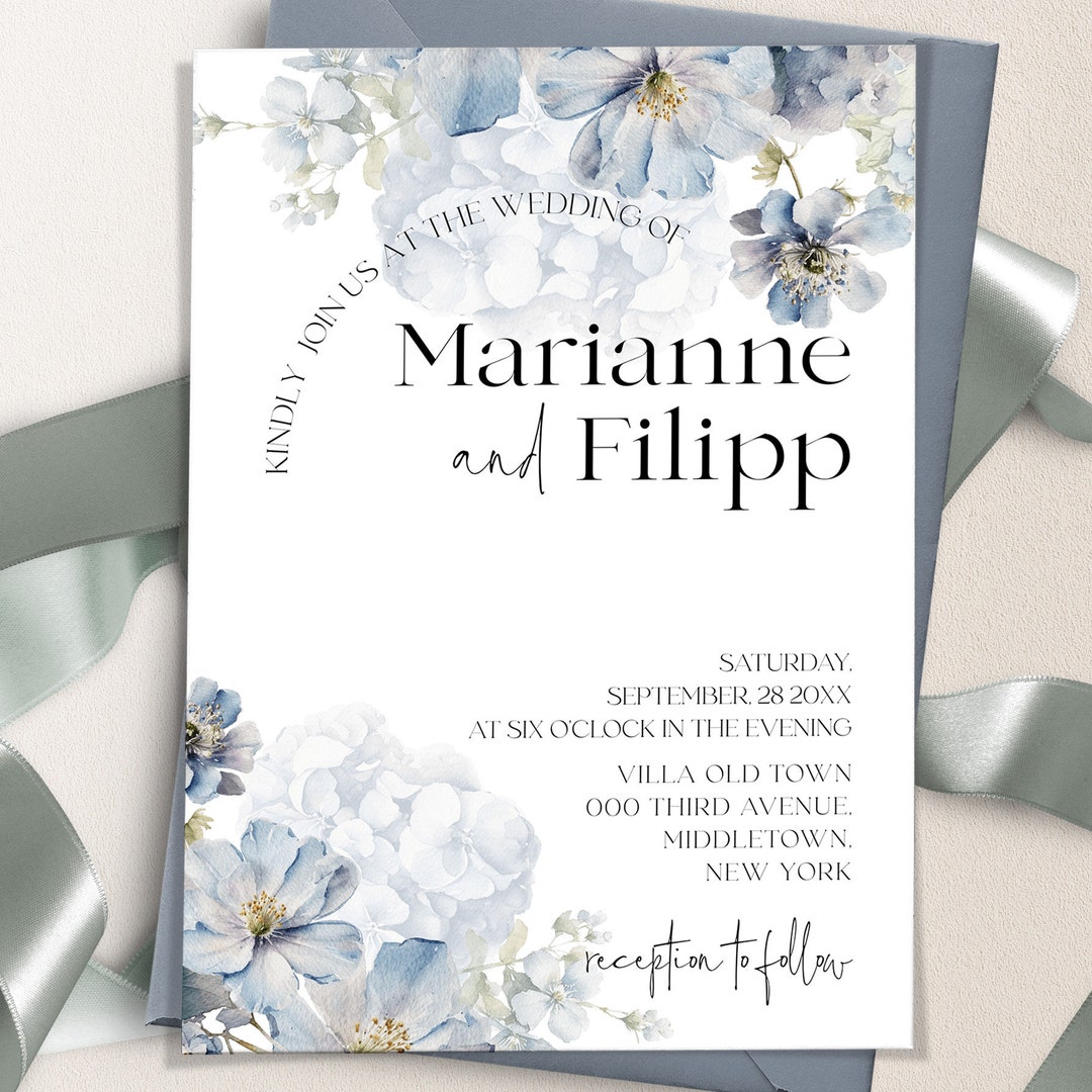 Dusty Blue Wedding Invitation Template, Soft Blue Arch Wedding Invite ...