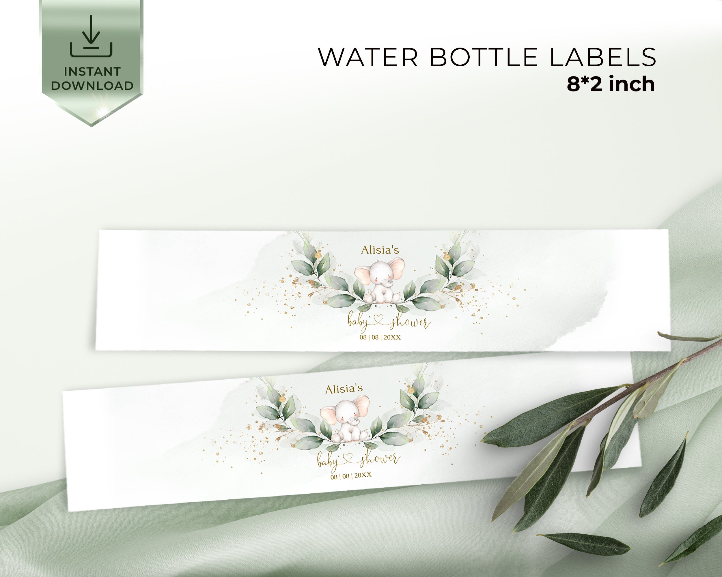 LUKE elephant Baby Shower Bottel Label Template, Baby Shower Greenery ...