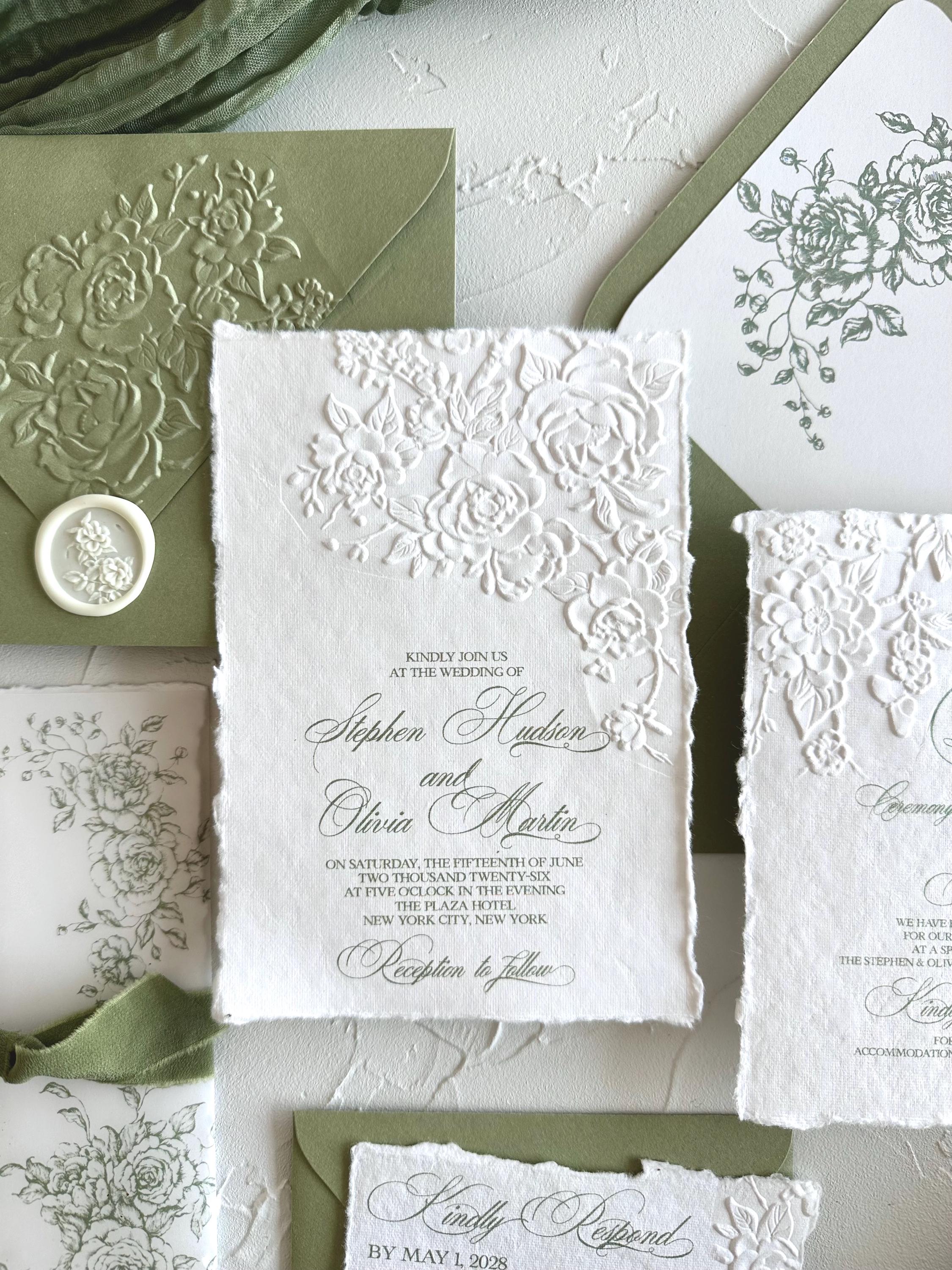 Embossed Wedding Invitations, Deckled Edge Handmade Cotton Paper, Roses ...