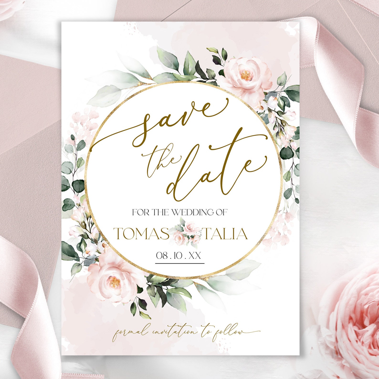 Blush Pink Save the Date Soft Pink Printable Save the Date Pink Flowers ...
