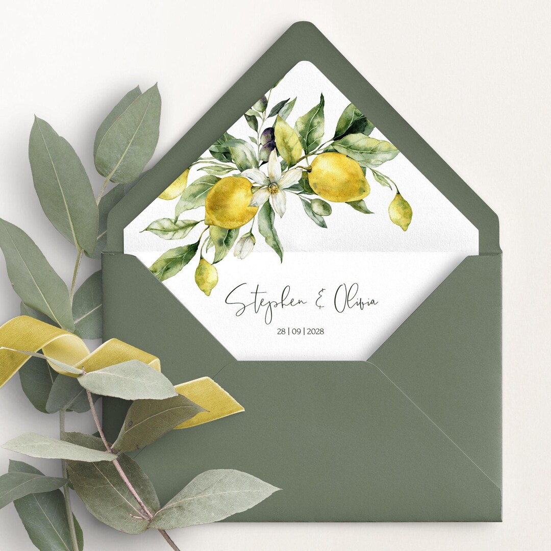 Lemon Wedding Envelope Liner Template: Watercolor Citrus (digital ...