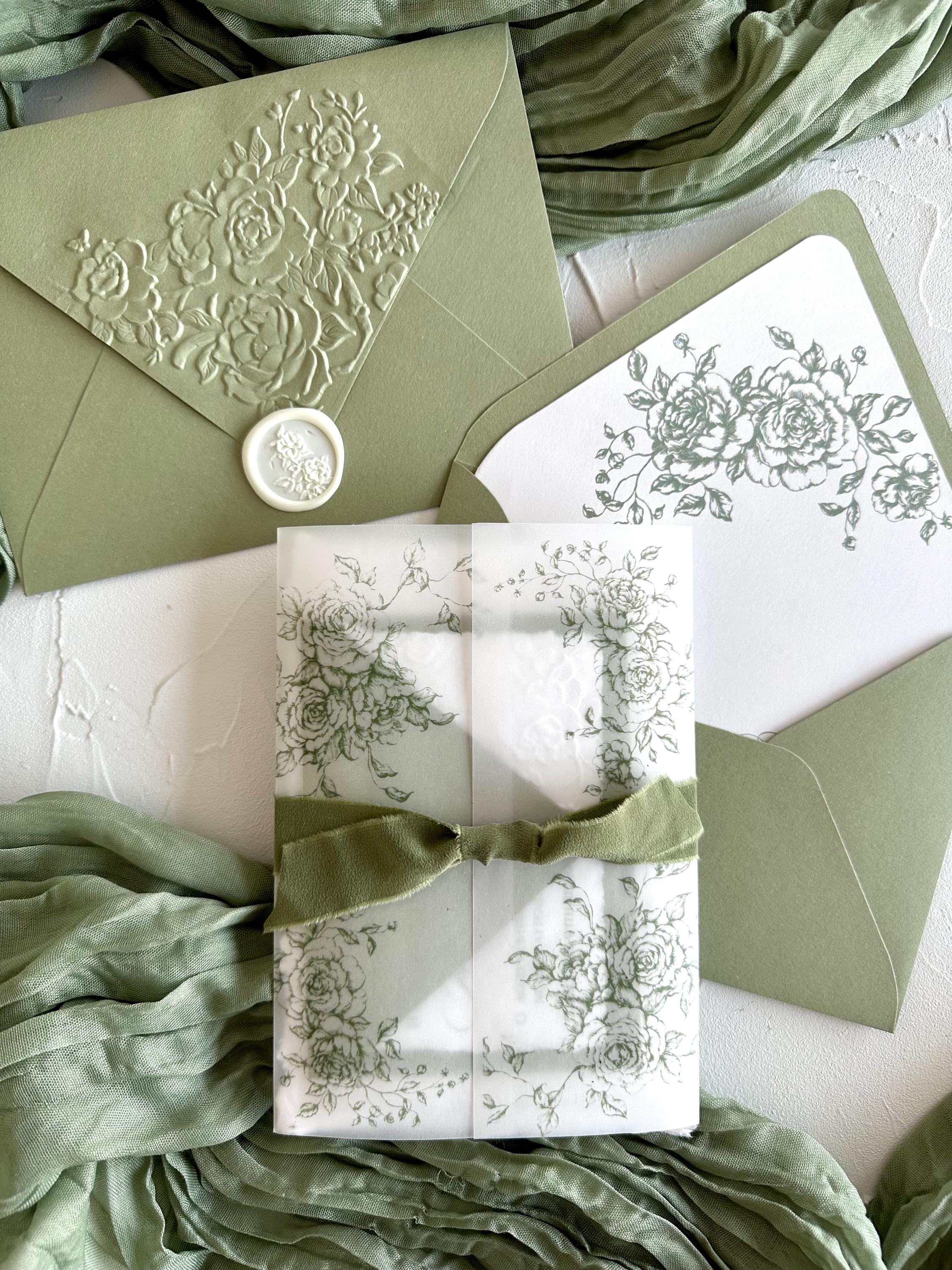 Embossed Wedding Invitations, Deckled Edge Handmade Cotton Paper, Roses ...