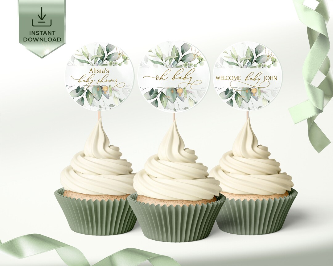 Greenery Cupcake Toppers Template, Printable Greenery Gold Cupcake ...