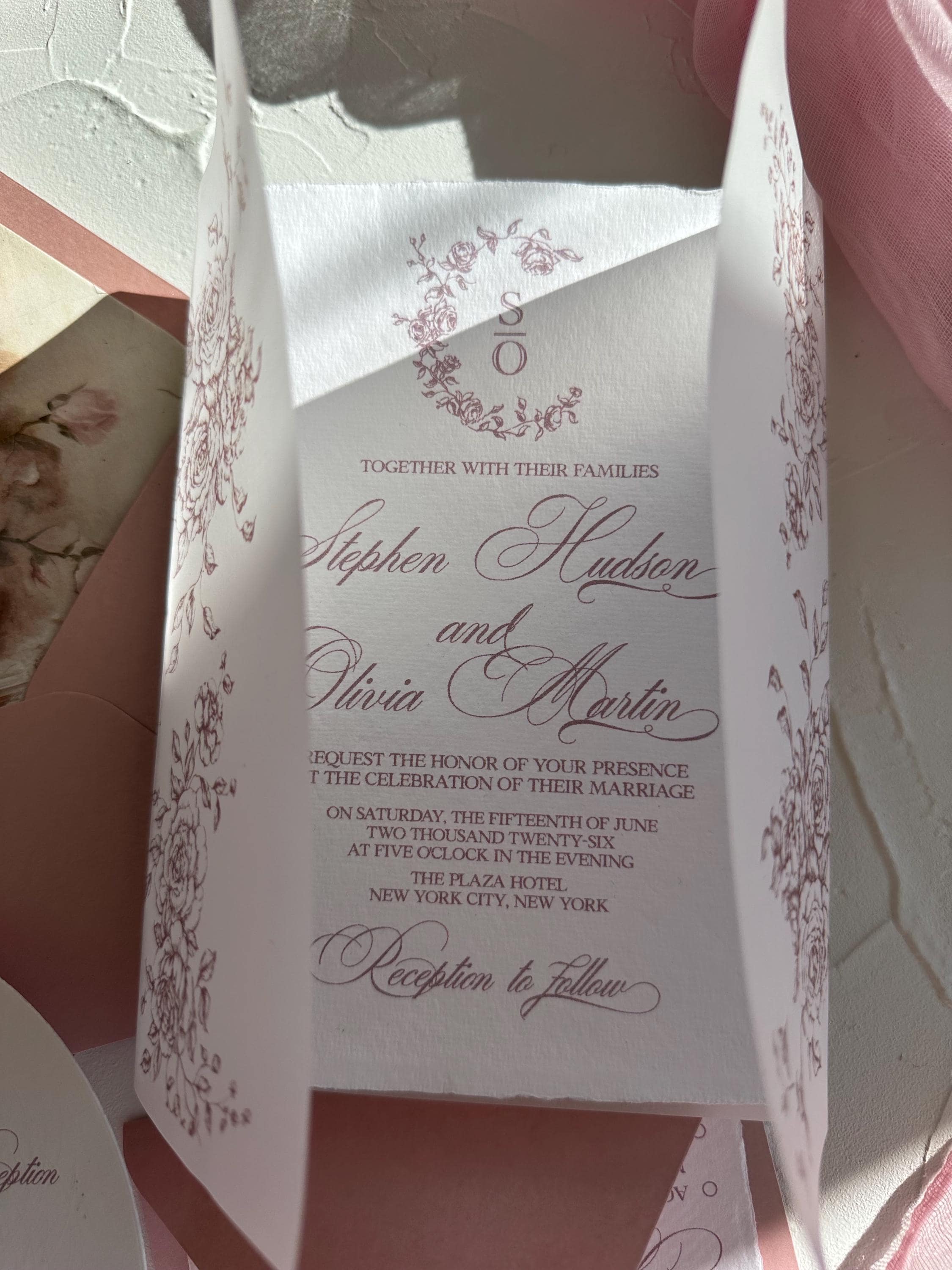 Pink Wedding Invitation Set Handmade Paper: Deckled Edge, Monogram ...