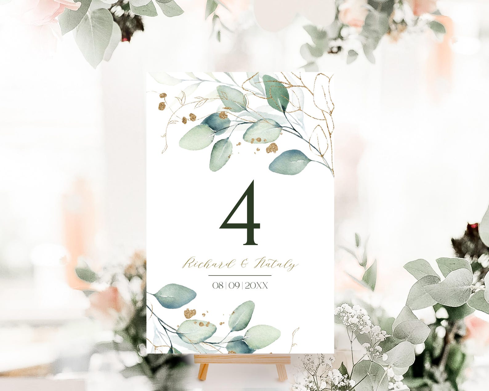 Eucalyptus Wedding Table Numbers Template: Greenery Gold (digital ...