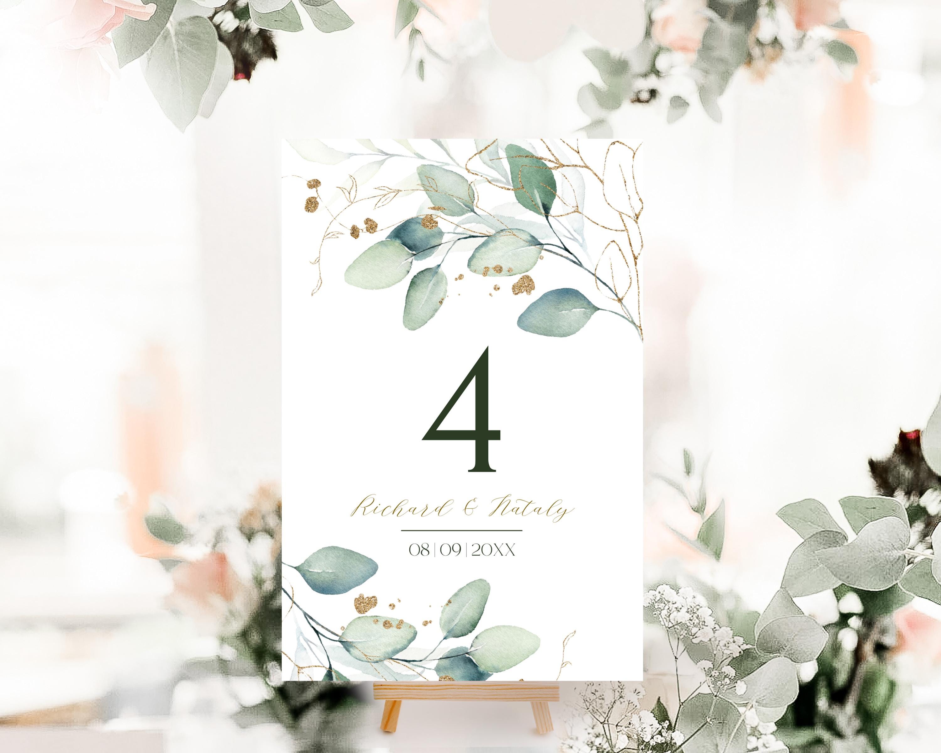 Eucalyptus Wedding Table Numbers Template: Greenery Gold (digital ...