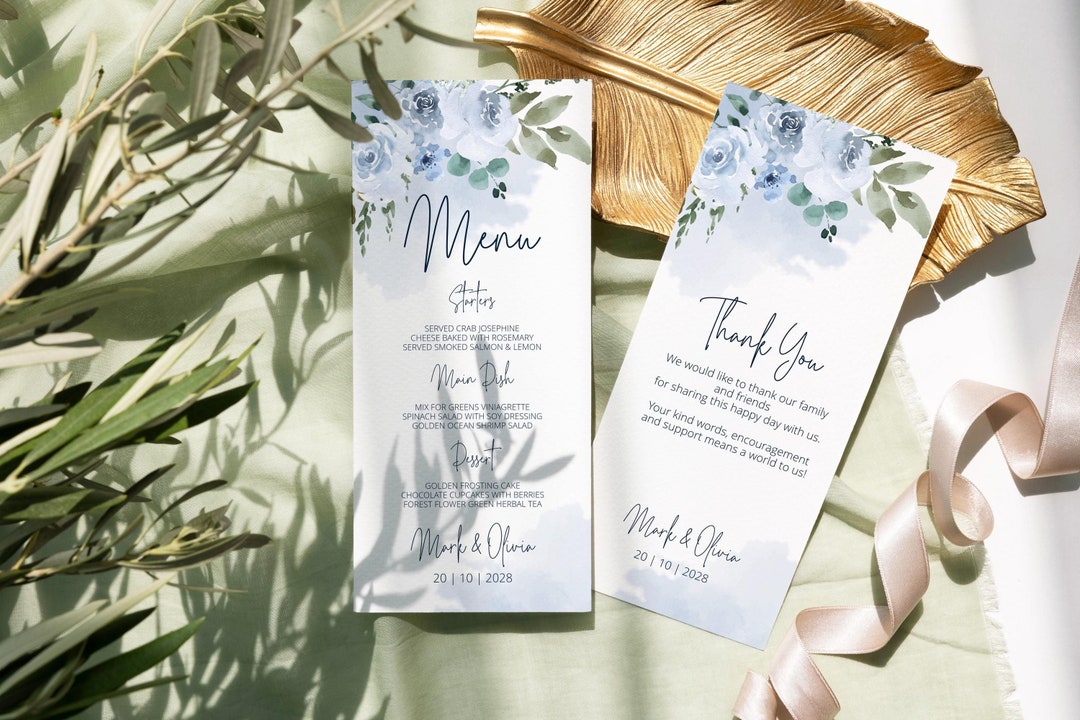 Blue Wedding Menu Template, Soft Blue Flowers Desert Wedding Menu and ...