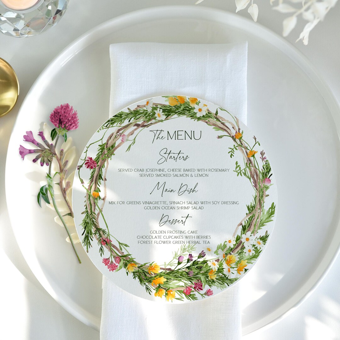 Wildflower Wedding Menu Printable: Round Floral Dinner Menu (digital ...