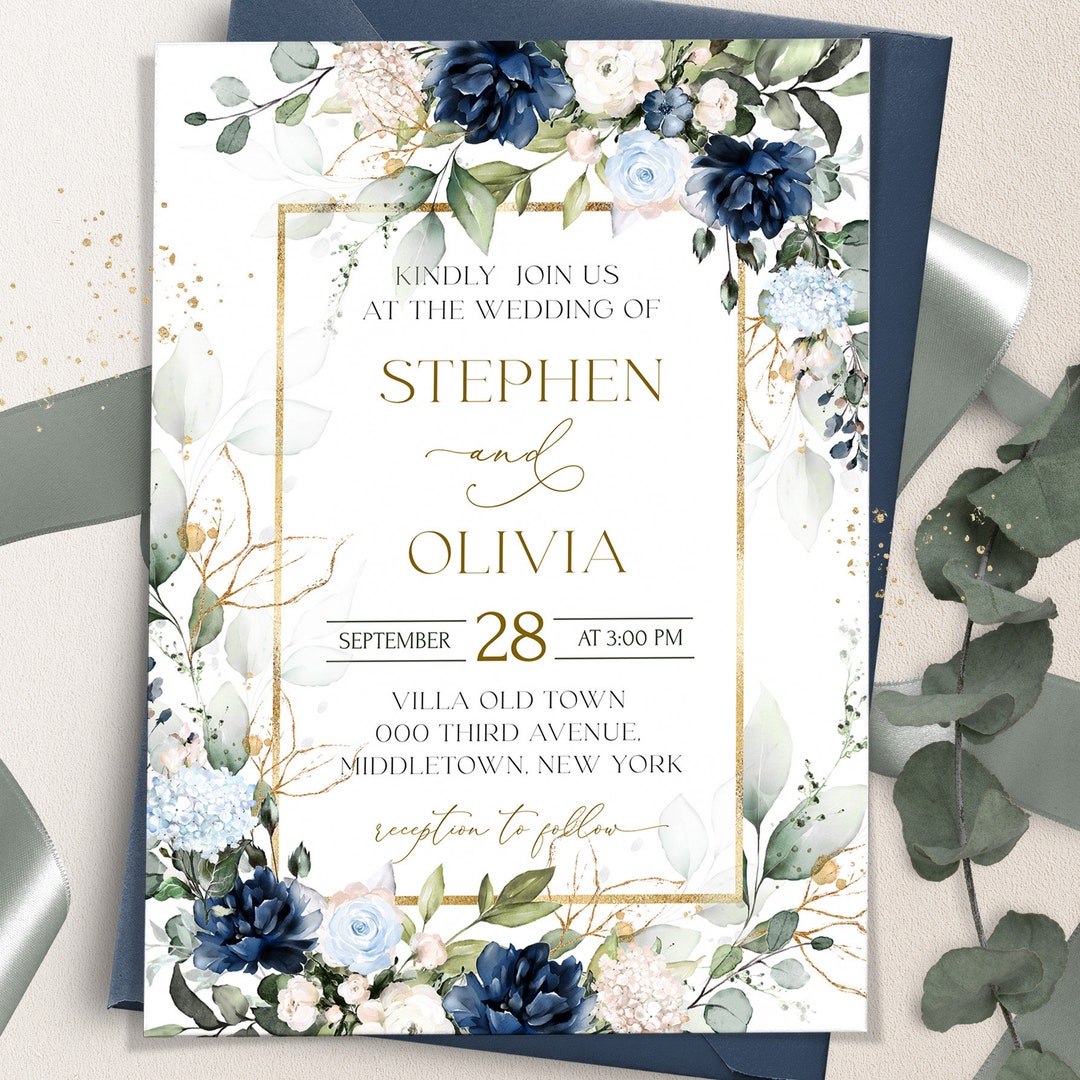 Royal Blue Wedding Invitation Template, Printable Floral Wedding Invite ...