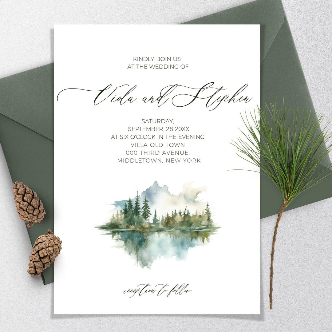 Forest Wedding Invitation Template | Printable Pine Tree Wedding Invite ...