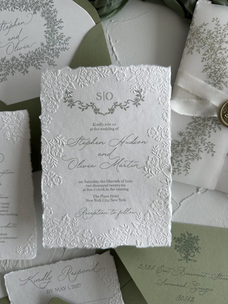Embossed Wildflowers Wedding Invitations, Deckled Edge Handmade Cotton ...