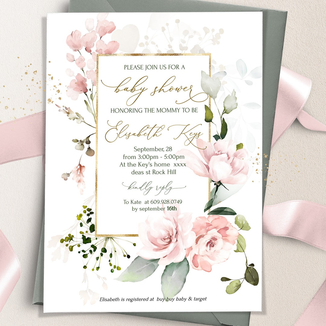 Baby Shower Soft Pink Invitation Template, Floral Girls Invite ...