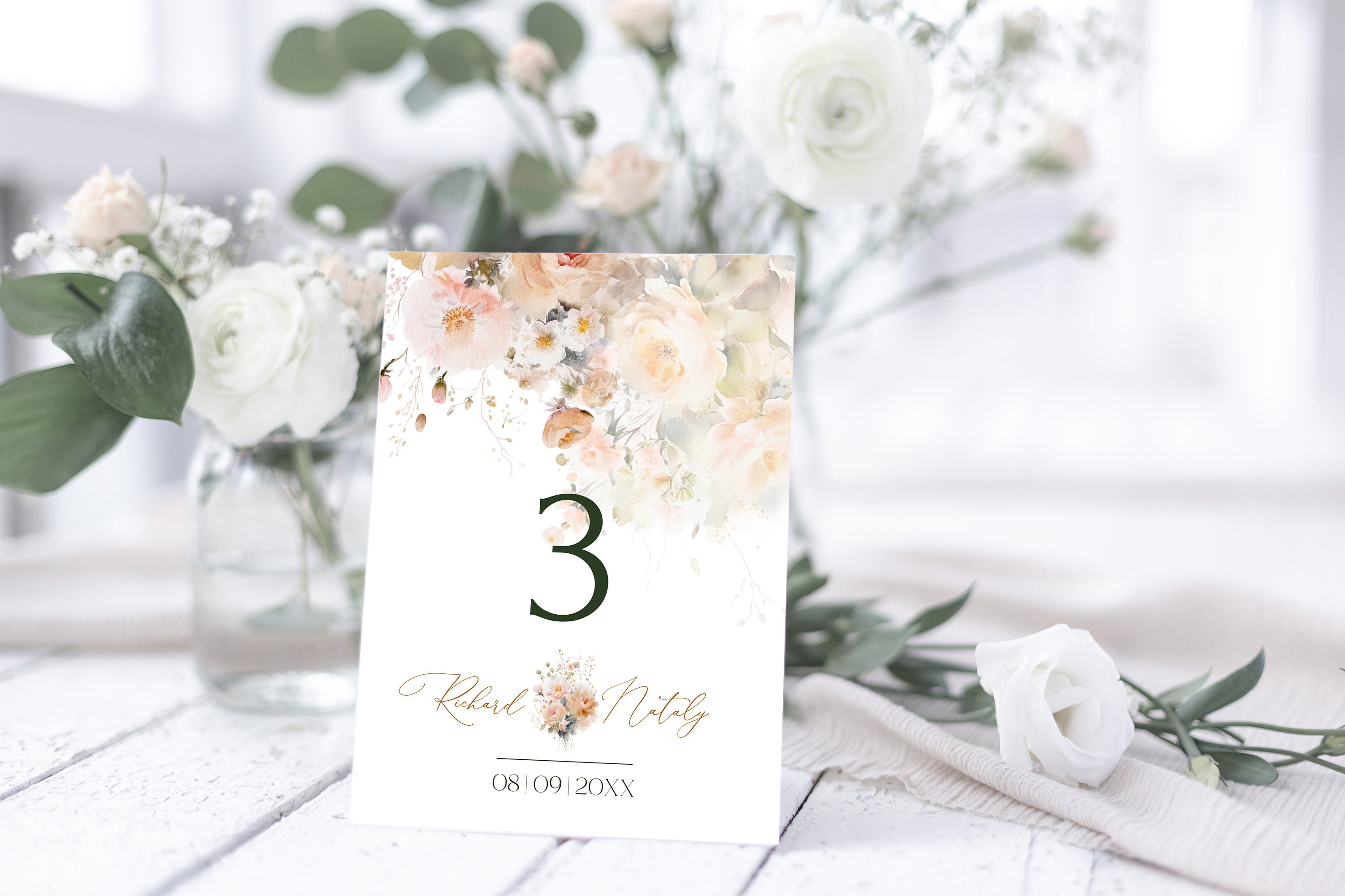 Peach Floral Wedding Table Numbers: Bohemian Watercolor (digital ...