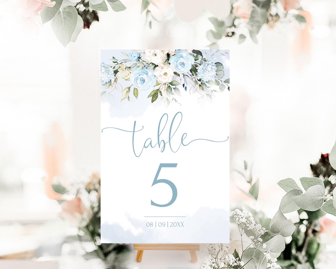 Blue Floral Wedding Table Numbers Template (printable) - Etsy