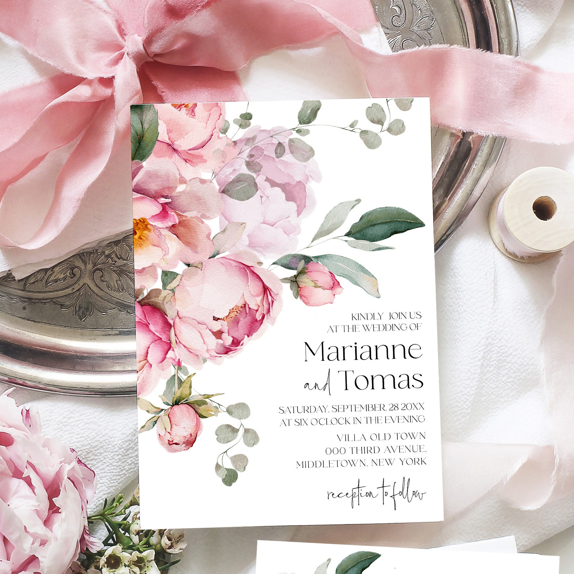 PEONY Wedding Invitation Template Pink Peonies Wedding Invite Editable ...