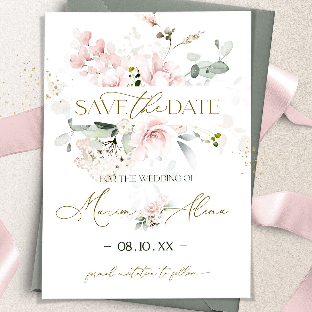 Blush Pink Save the Date | Pink Flowers Printable Save the Date Card ...