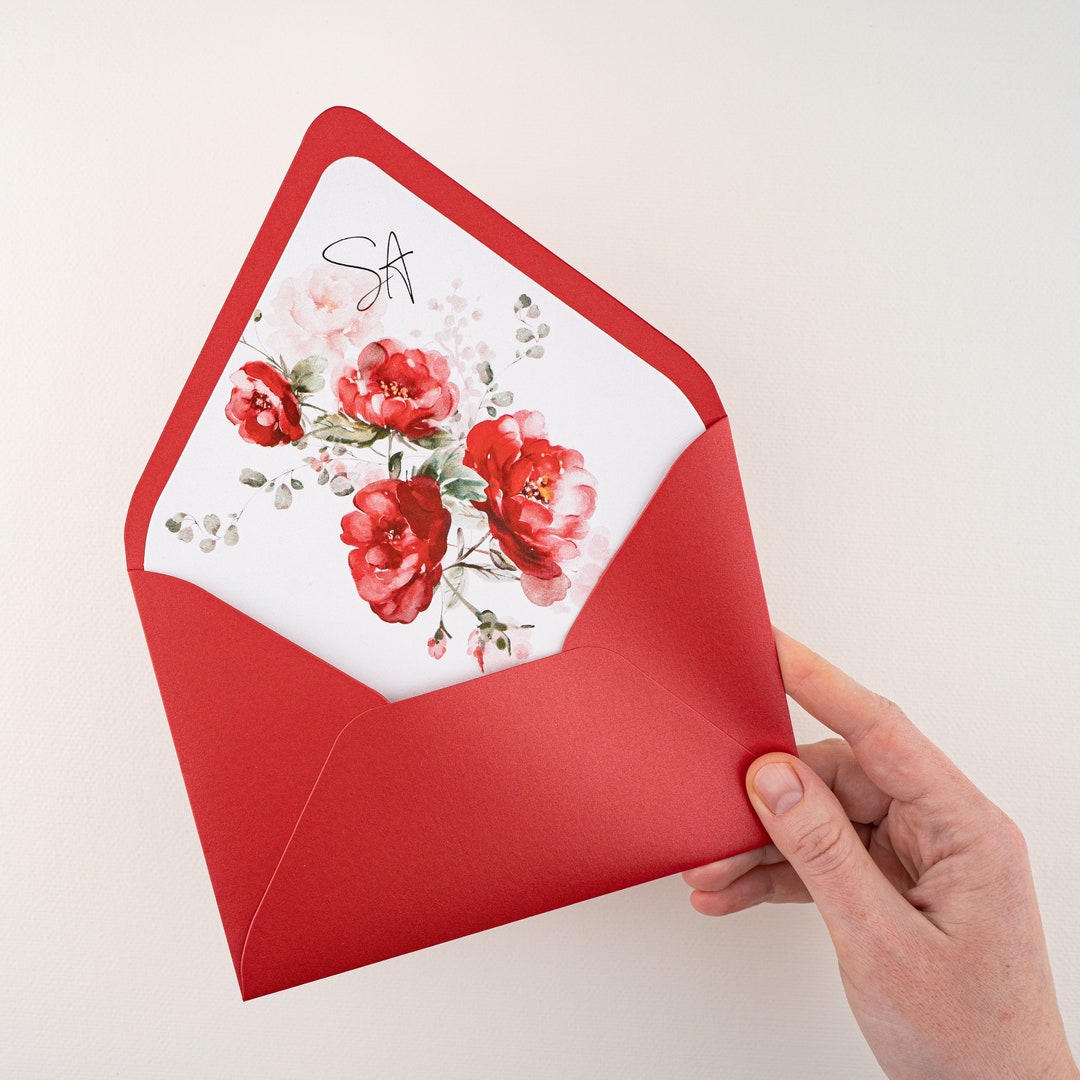 Red Flowers Printed Wedding Envelope, Peonies Envelope for Invitation ...