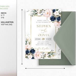 Blush Pink Blue Navy Wedding Invitation Bundle Template Printable Royal ...