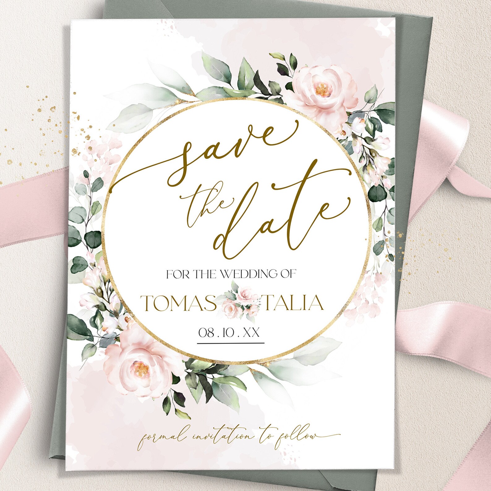 Blush Pink Save the Date Soft Pink Printable Save the Date Pink Flowers ...