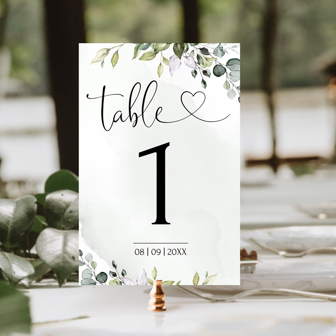 Table Numbers Template, Printable Greenery Wedding Table Number ...
