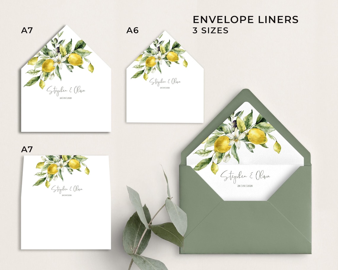 Lemon Wedding Envelope Liner Template: Watercolor Citrus (digital ...