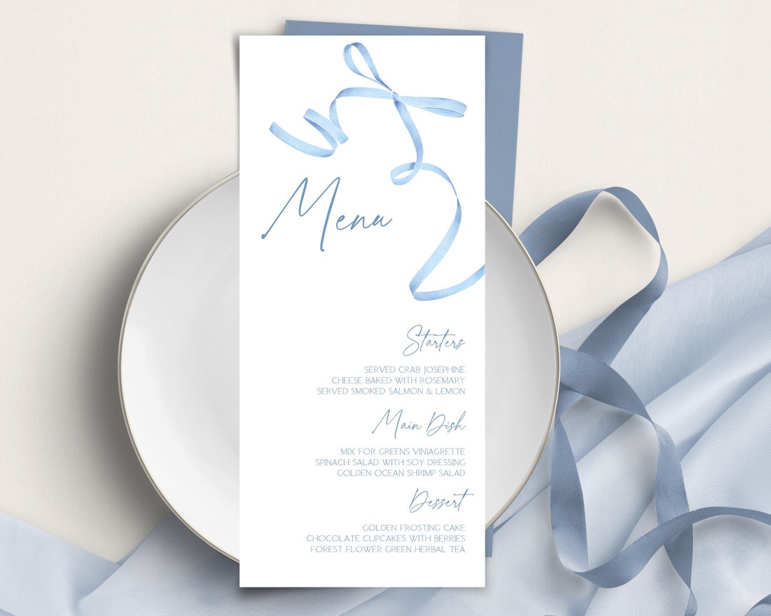 Bow Blue Wedding Menu Template, French Blue Desert Wedding Menu, Blue ...