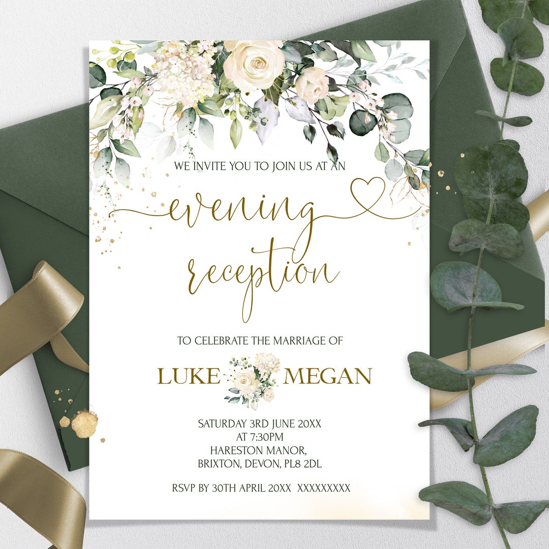 Creamy Rose Evening Reception Invitation Template Greenery Gold Wedding ...