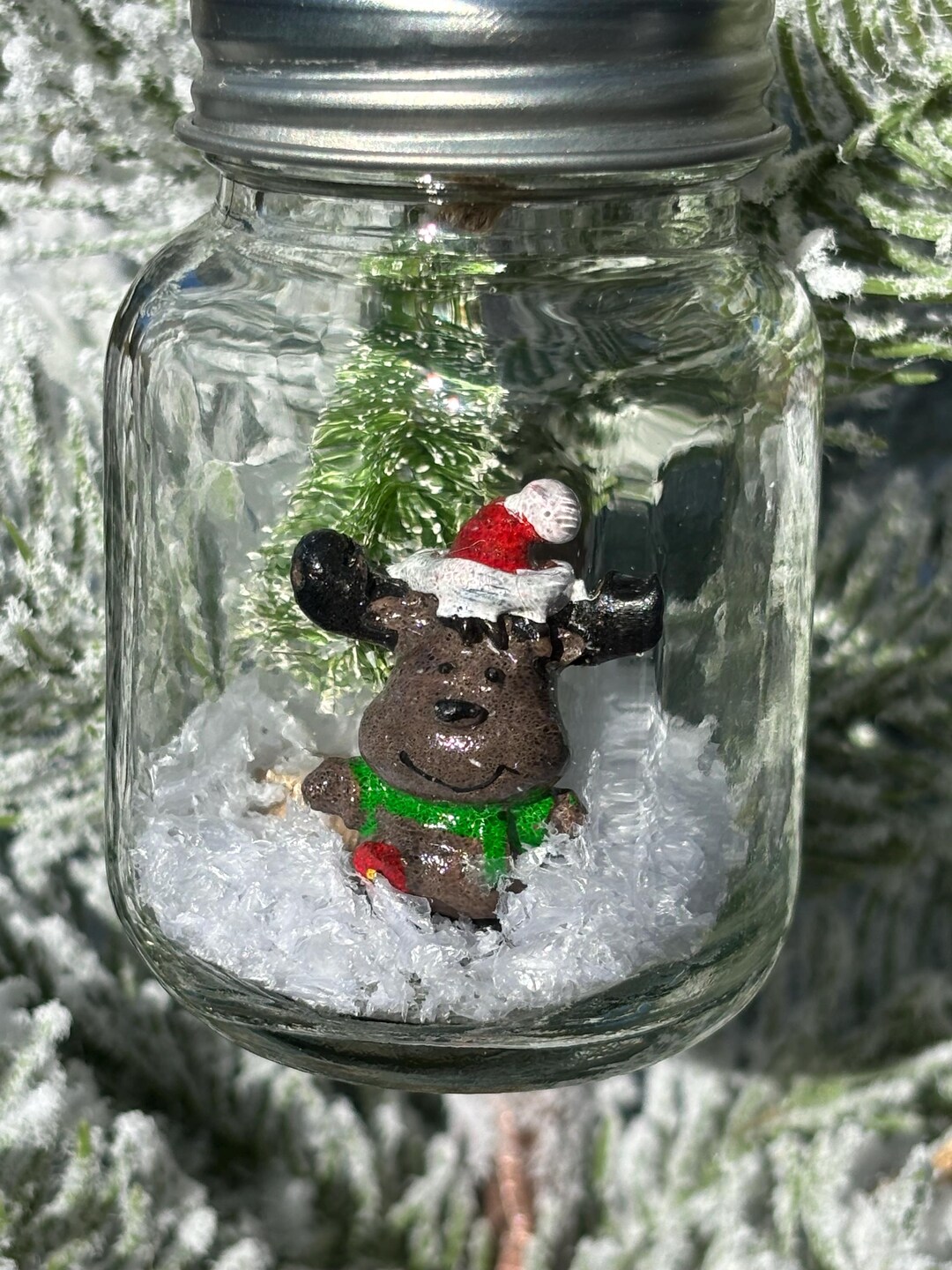 Miniature Glass Mason Jar Farmhouse Christmas Tree Ornament With Moose ...