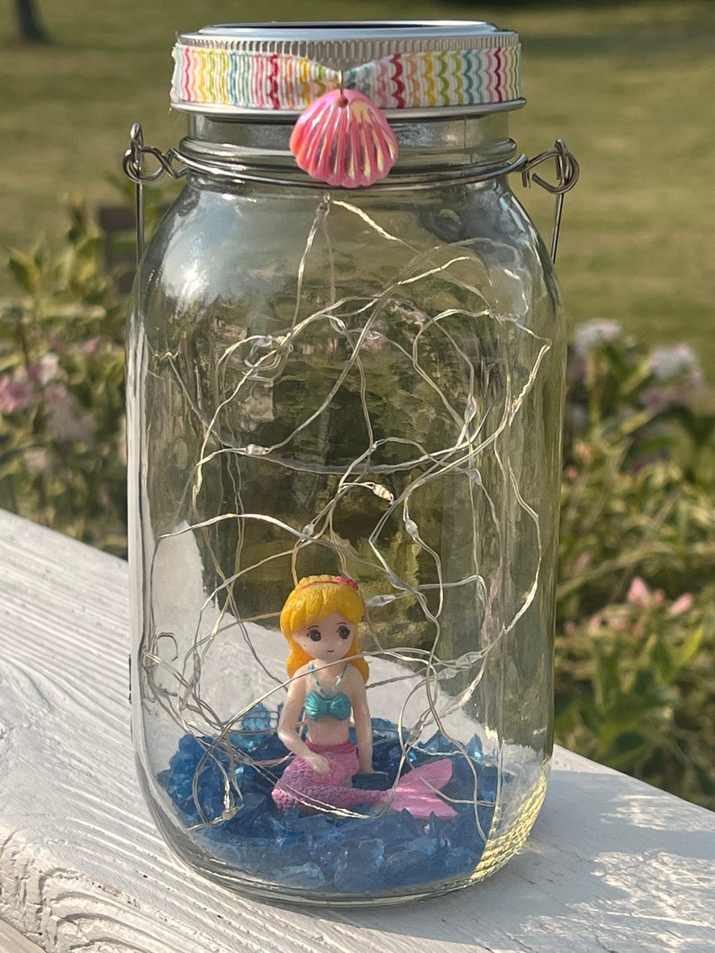 Mermaid Mason Jar Solar Lantern With Ocean Blue Lights, Bathroom or ...