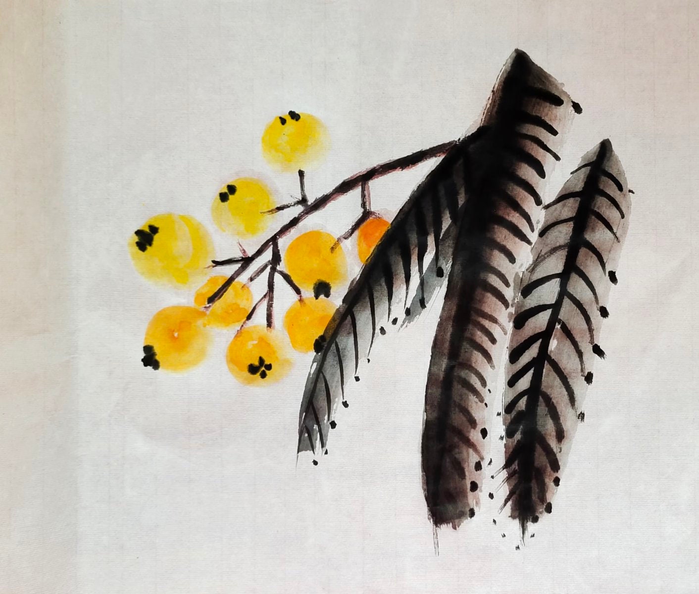 Yellow and Black Loquat Painting Hand Made Chinese Asian Art Small Art ...