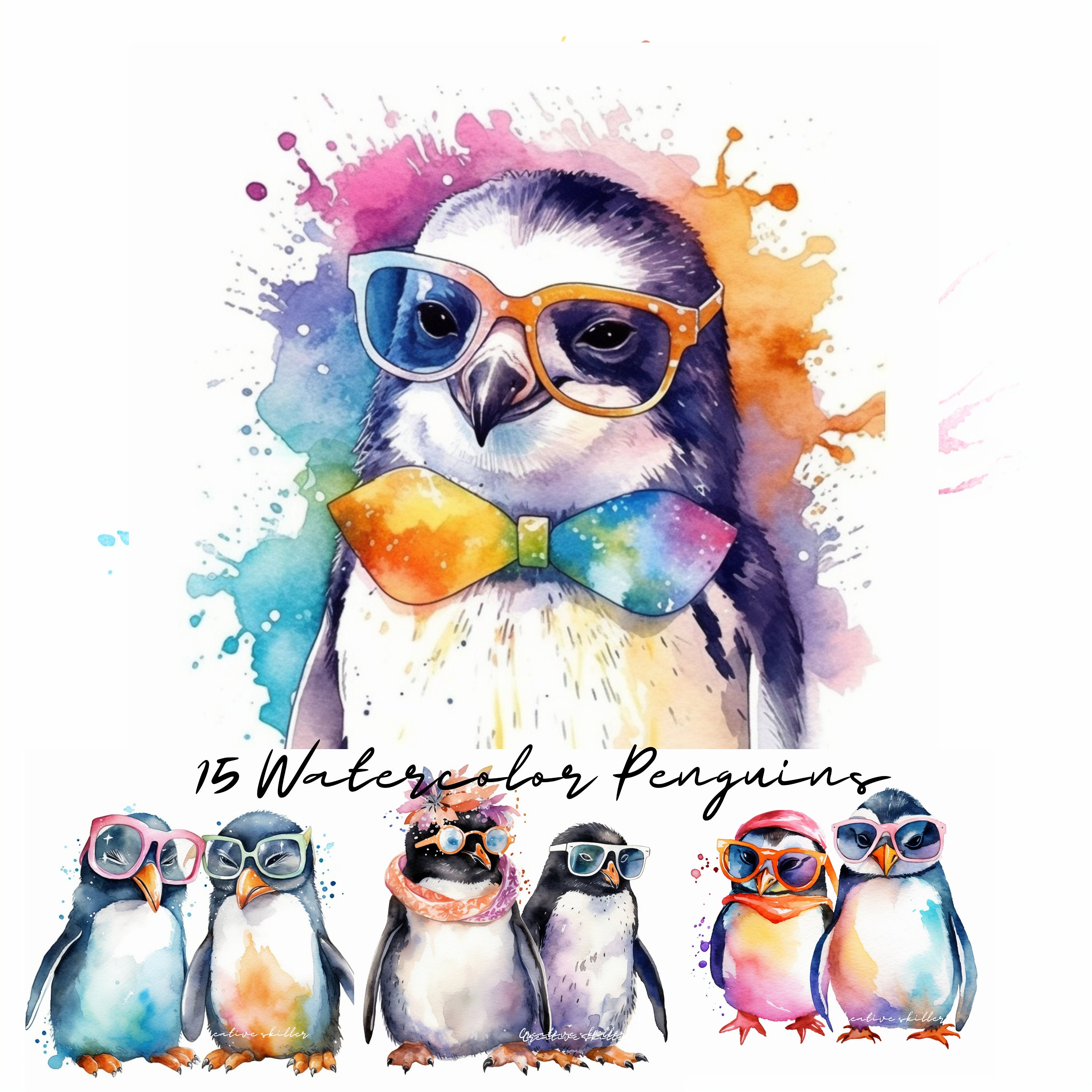 Cute Watercolor Penguins Clipart, Penguin JPG, Penguin Bundle, Digital ...