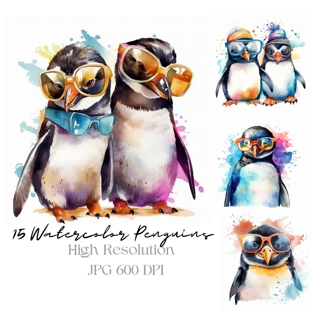 Cute Watercolor Penguins Clipart, Penguin JPG, Penguin Bundle, Digital ...