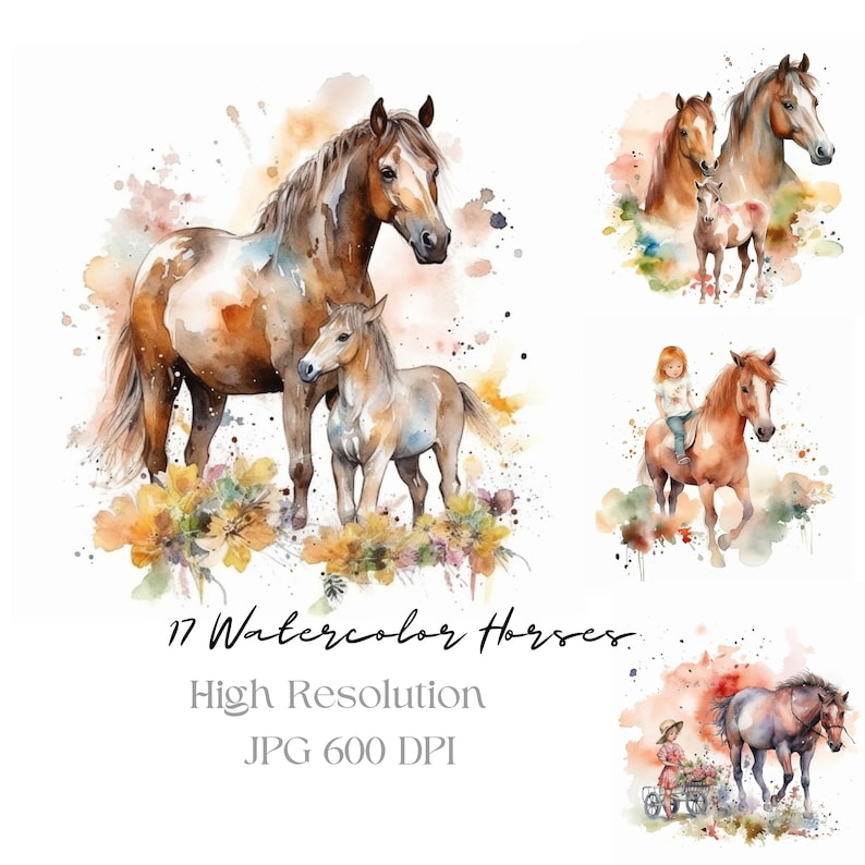 Horses Watercolor Clipart, Horse Illustrations, Animals in the Nature ...