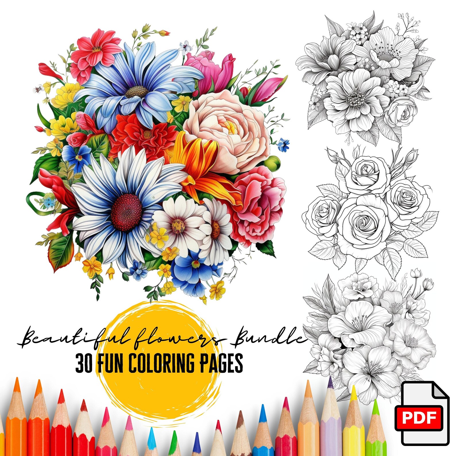 30 Flower Coloring Pages, Grayscale Illustrations (A4 PDF) - Etsy