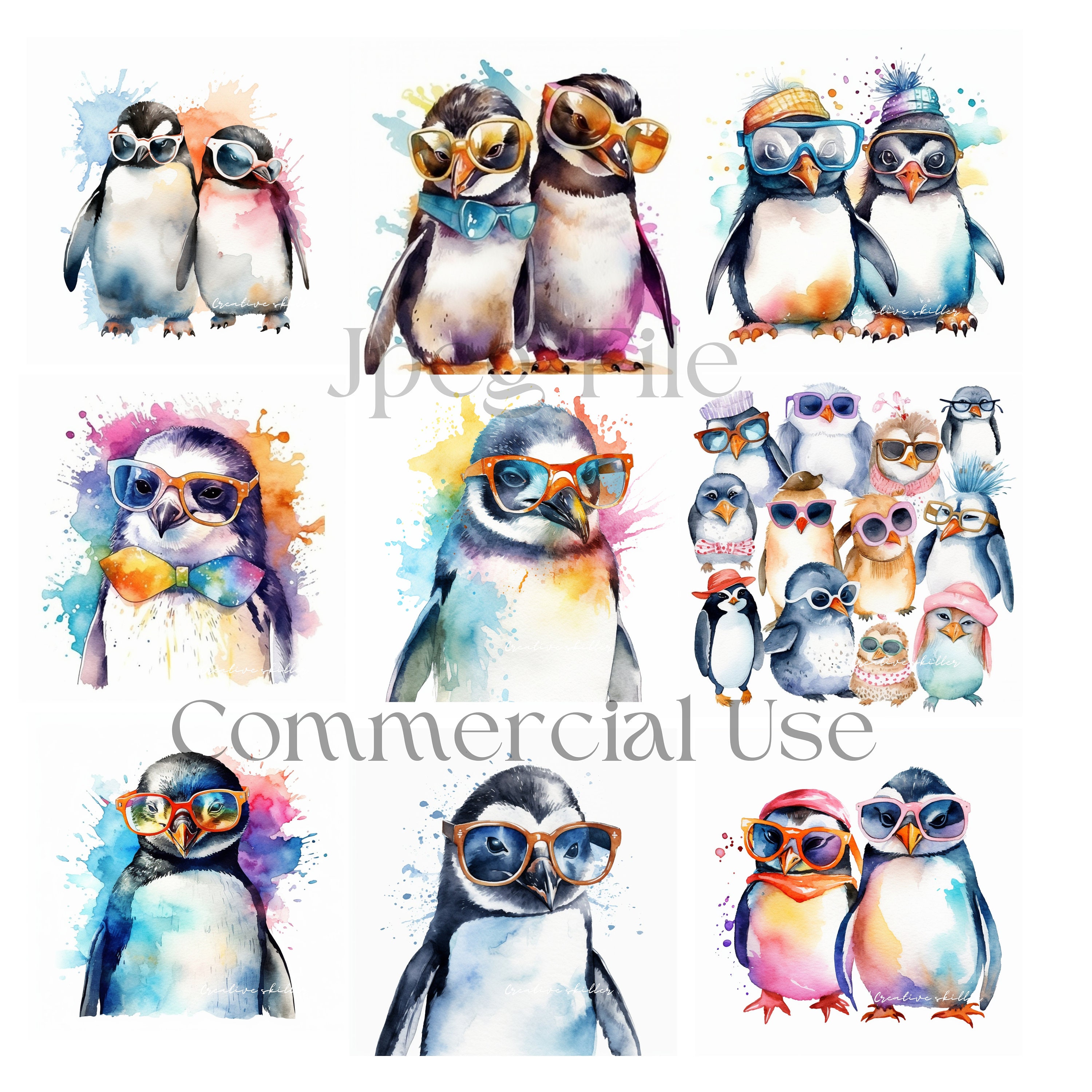 Cute Watercolor Penguins Clipart, Penguin JPG, Penguin Bundle, Digital ...