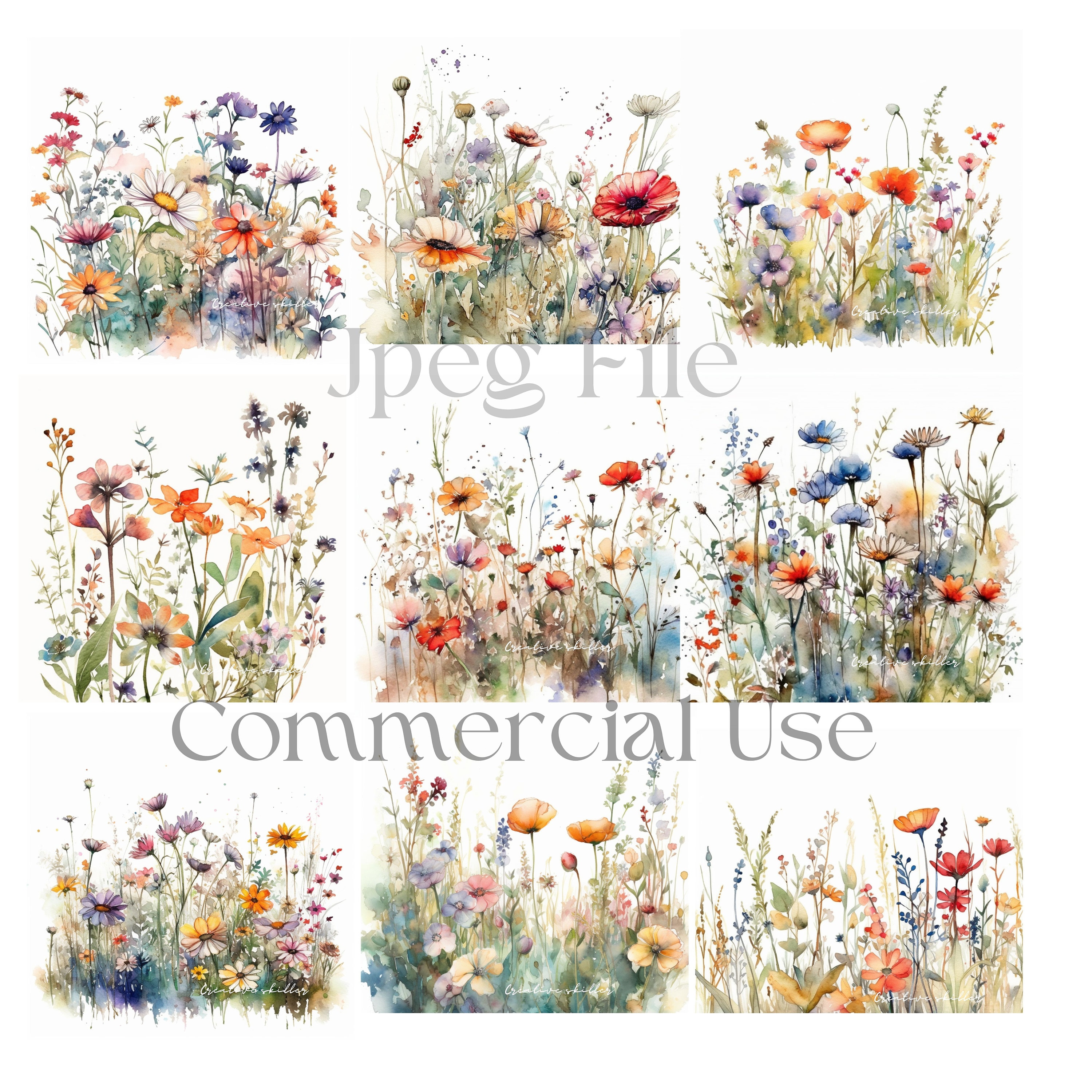 Watercolor , Flower Meadow Clipart, 15high Quality Jpgs, Digital ...