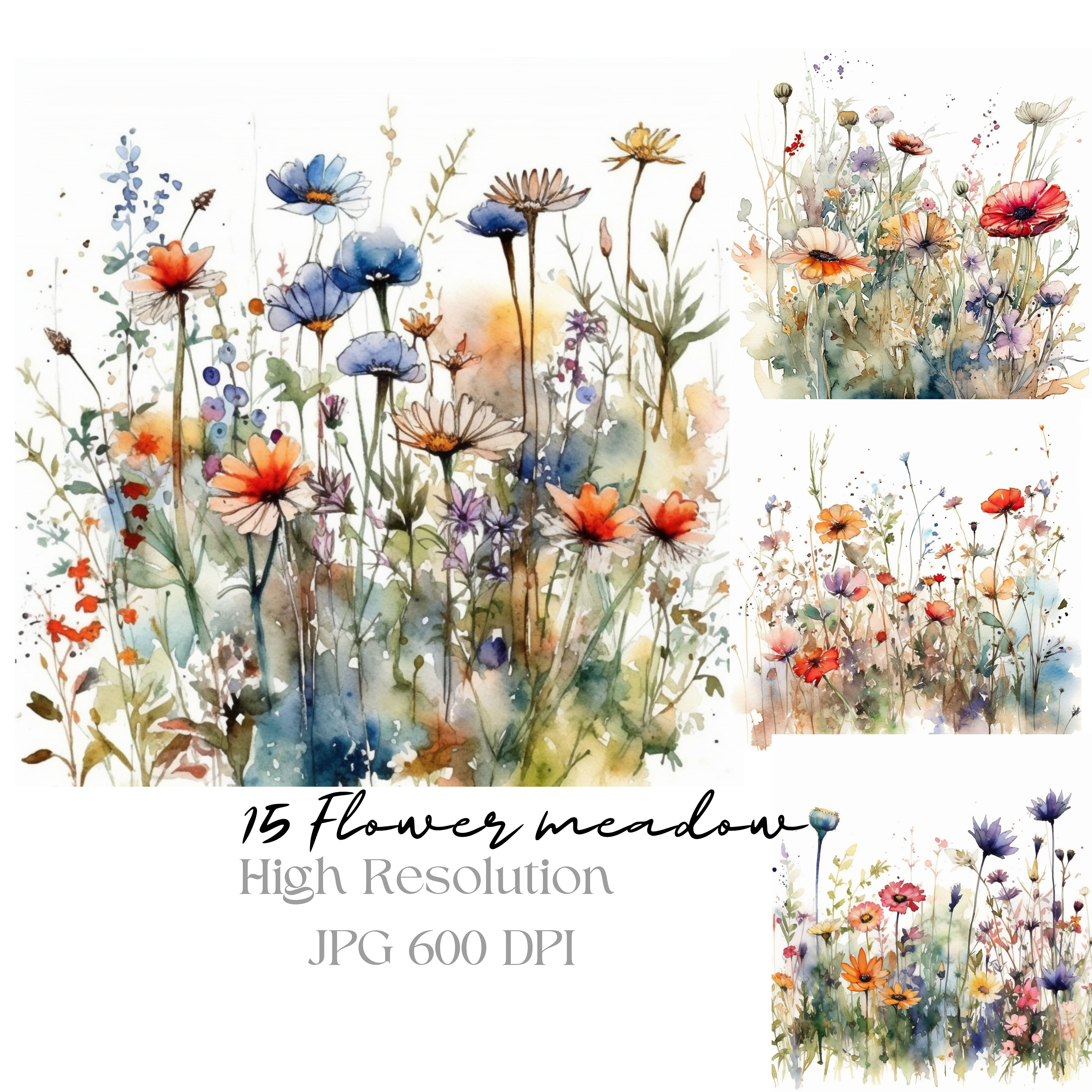 Watercolor , Flower Meadow Clipart, 15high Quality Jpgs, Digital ...