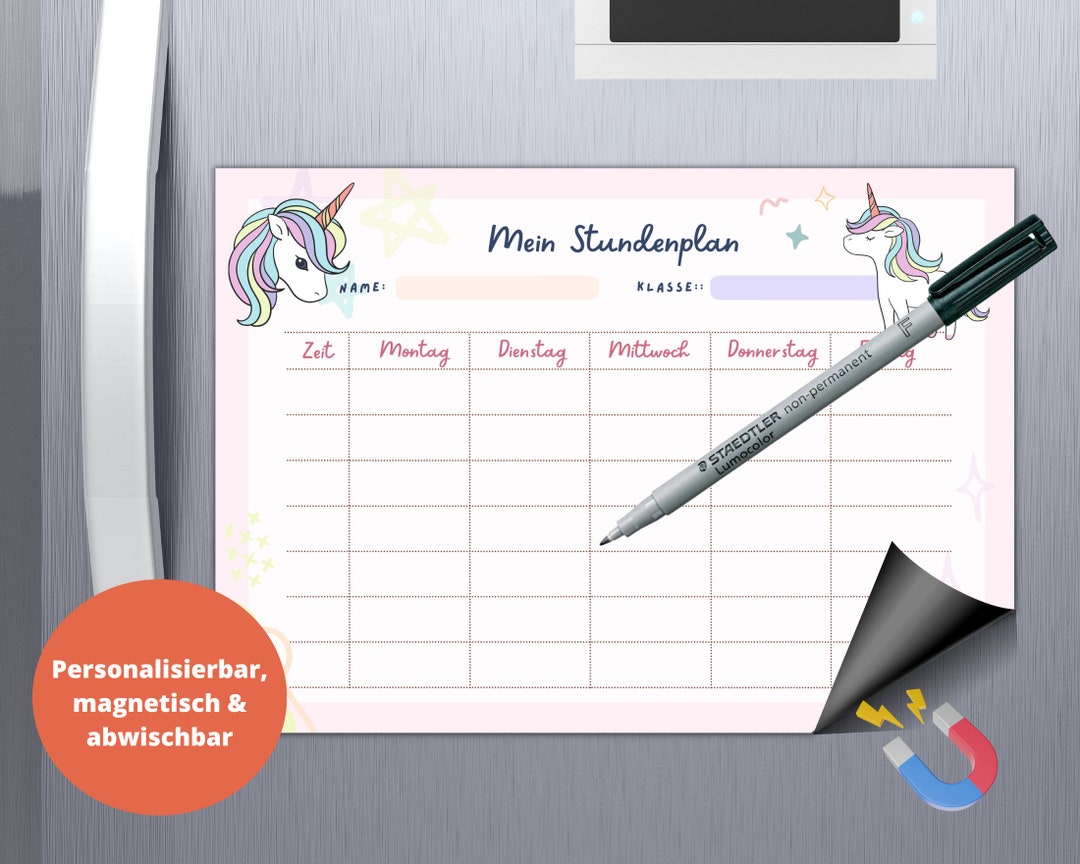 Personalized Timetable Magnetic With Pen Unicorn for Girls A4 Print or ...