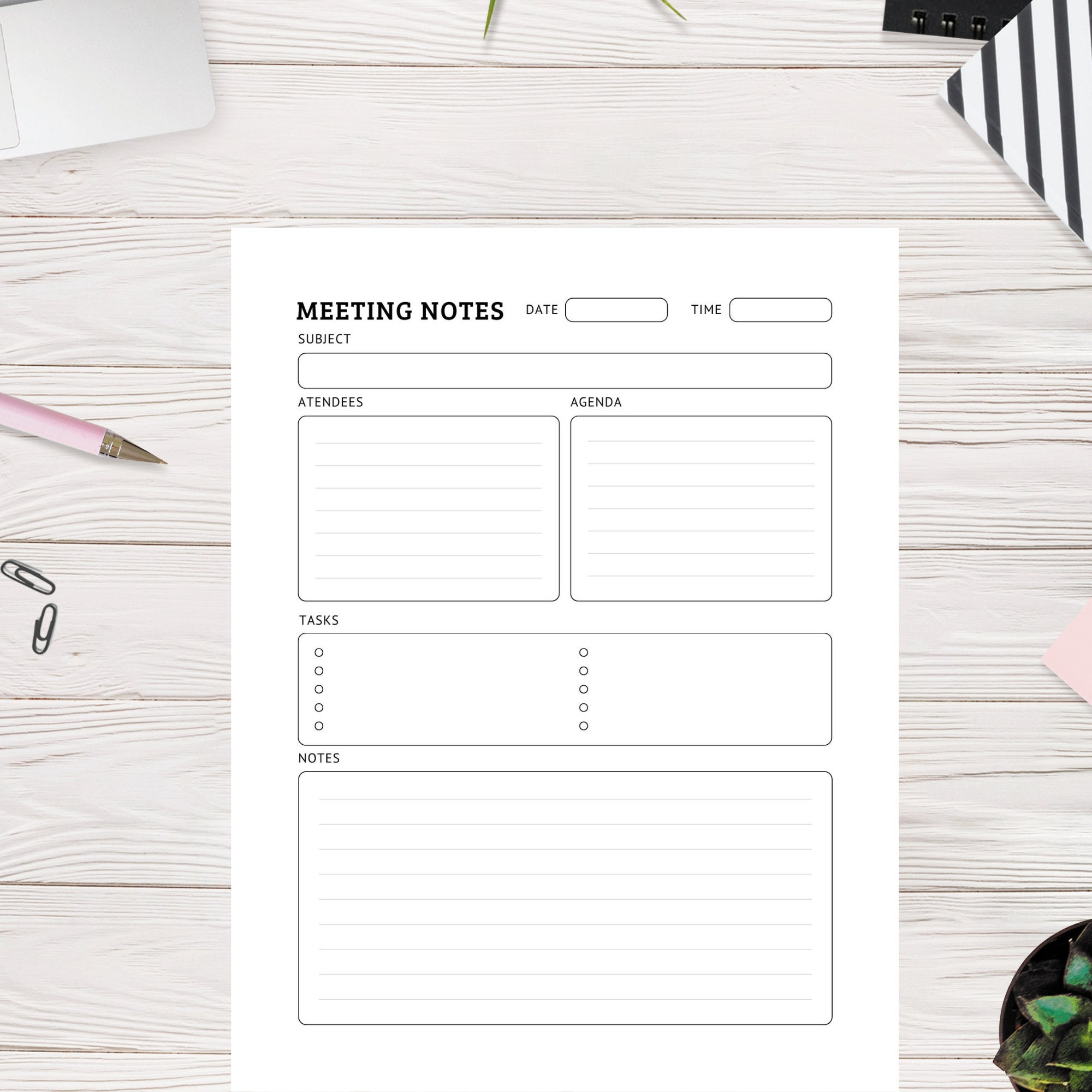 Meeting Notes Printable Template, Productivity Canva Template, Meeting ...