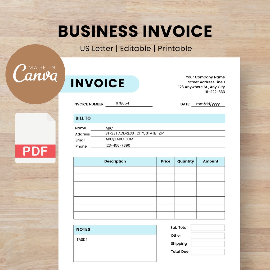 Small Business Invoice Template PDF - Easy-to-edit, Instant Download ...