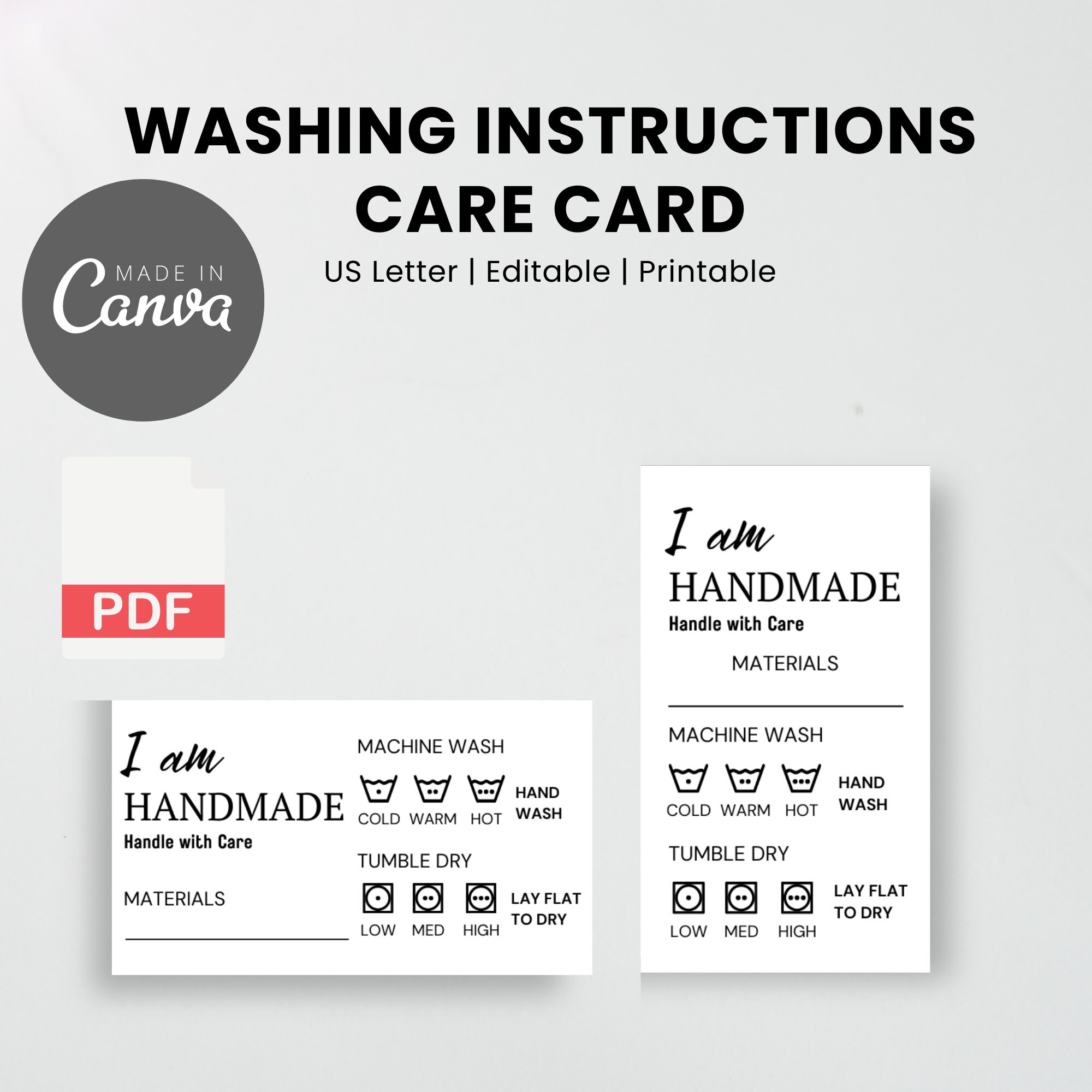 Garment Care Card, Washing Instruction Insert, Clothing Care Guide ...