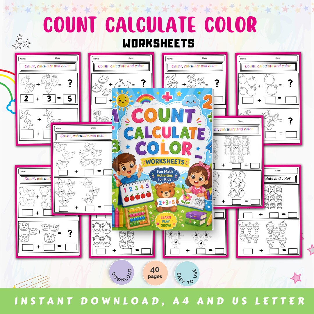Count Calculate Color Worksheets, Printable Math Activity for Kids ...
