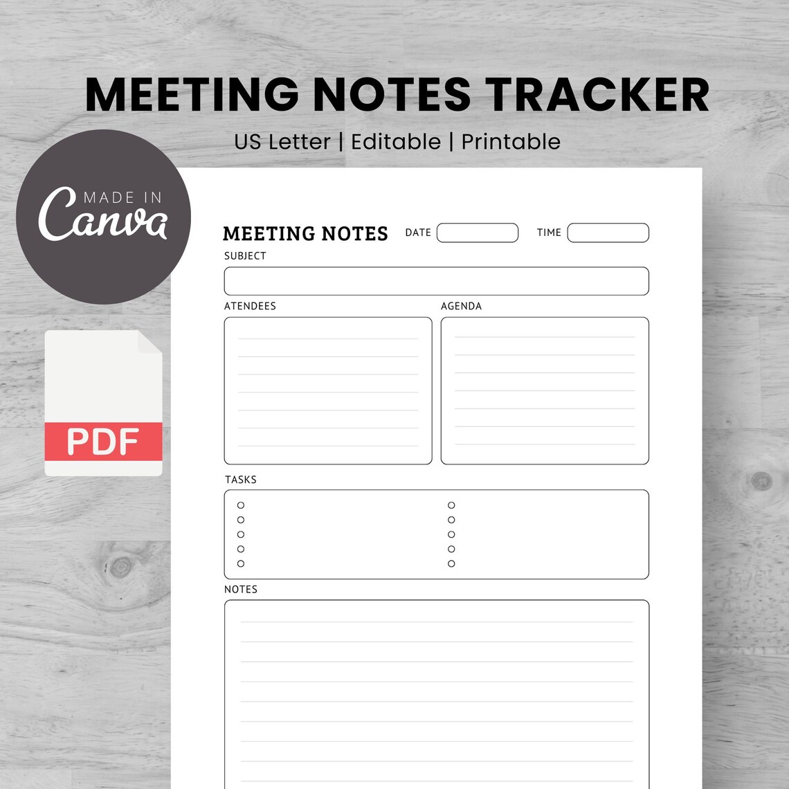 Meeting Notes Printable Template, Productivity Canva Template, Meeting ...