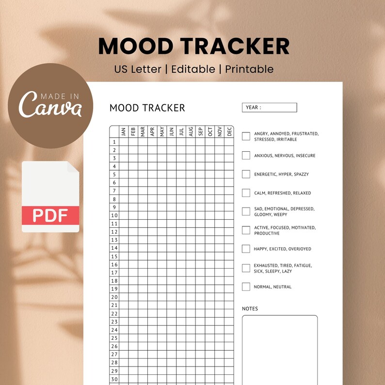 Digital Printable Mood Tracker Template, Monthly and Weekly Log ...